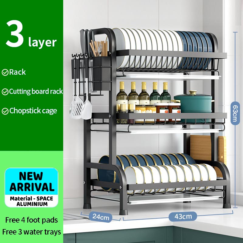 Rak Pinggan Stainless Steel 2/3 Layer S Shape Dish Rack Set with Tray ...