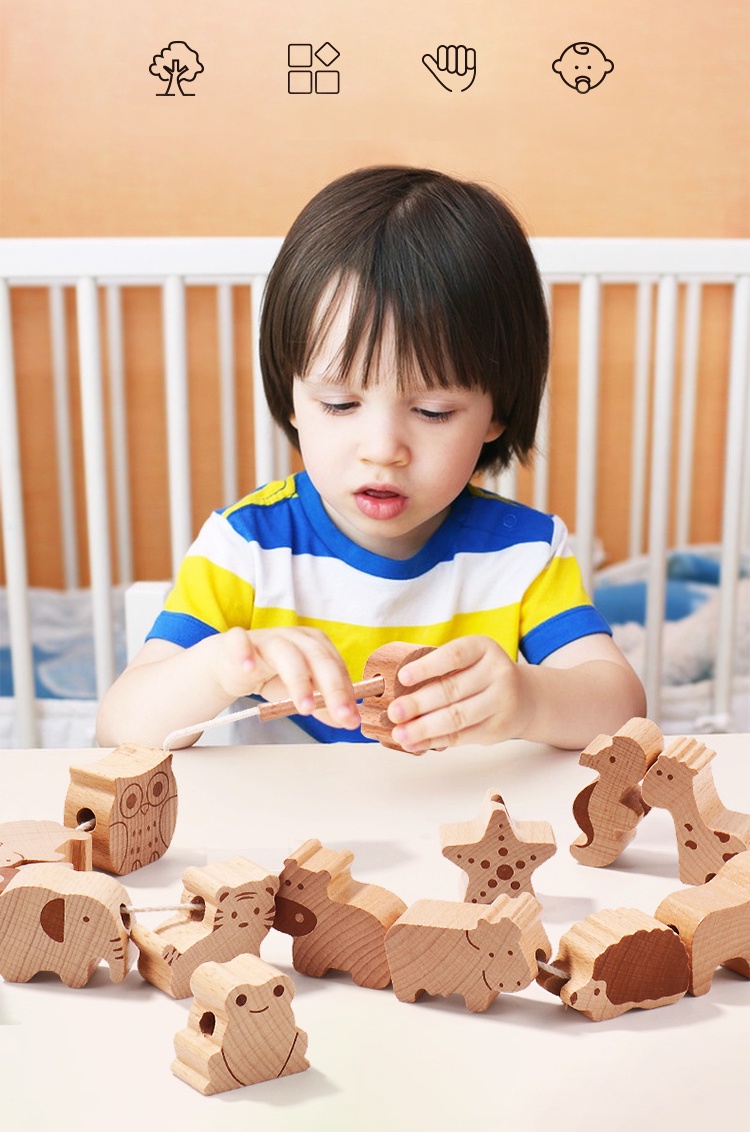 Wooden Natural Colour Animals Lacing Threading Beads Blocks Children ...