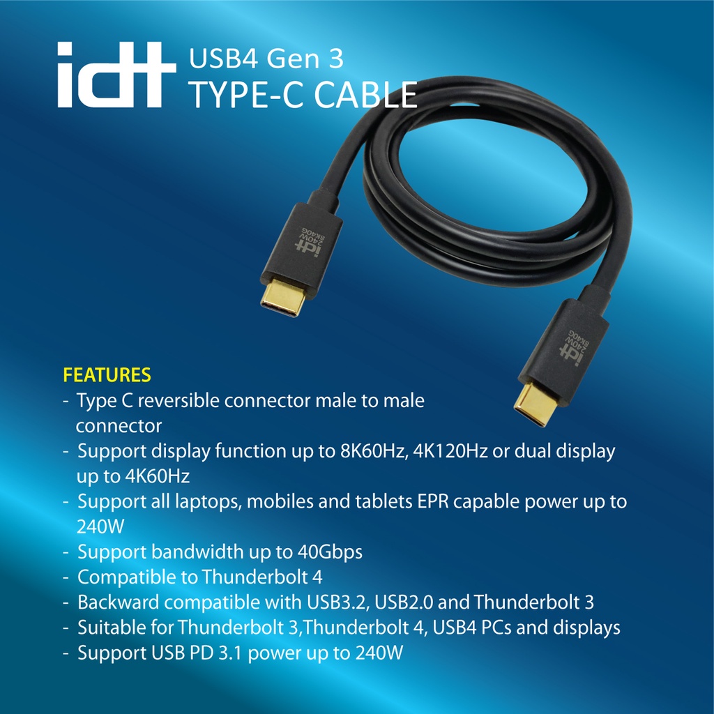 IDT Type C Cable USB4 Gen 3 Display 8K60Hz, EPR power 240W 40Gbps Type ...