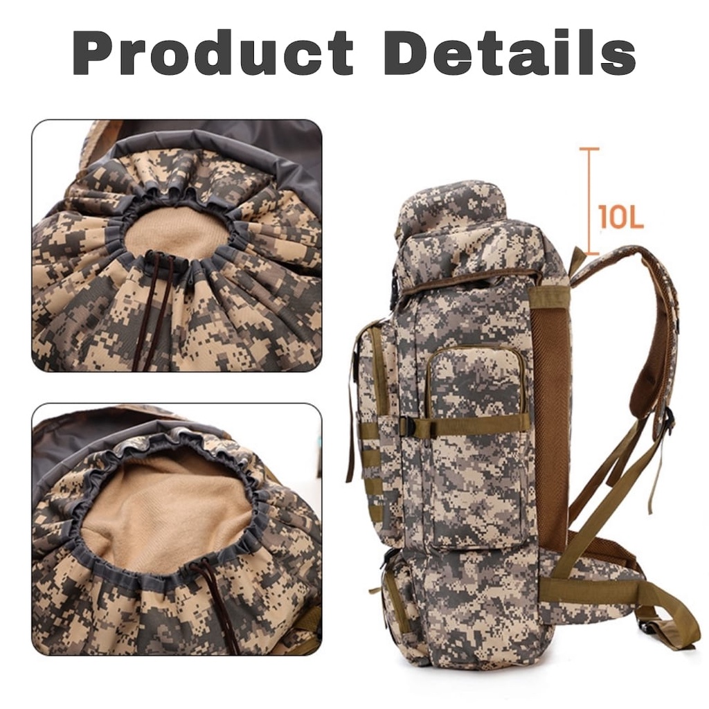 70L Large Capacity Backpack Waterproof Beg Hiking Bag Military Daki ...