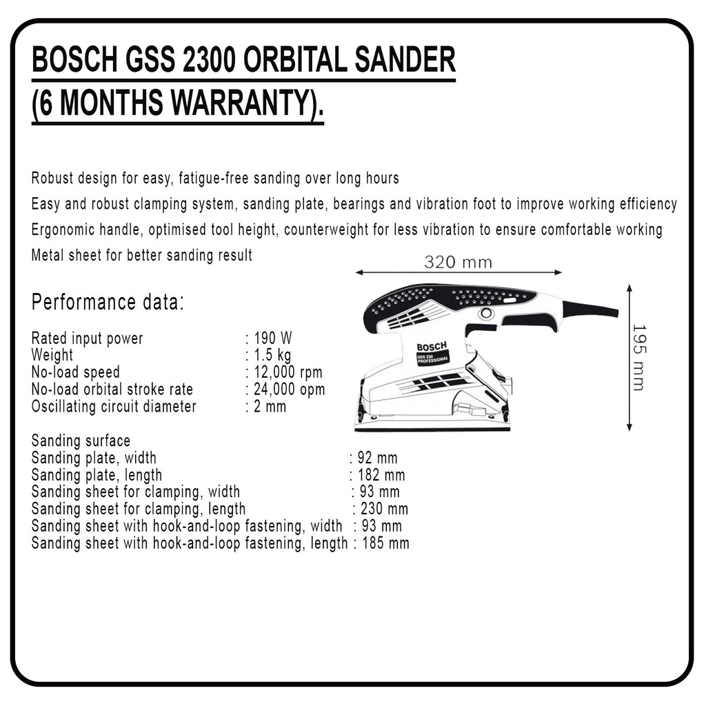 BOSCH GSS 2300 ORBITAL SANDER 190W (TO REPLACE GSS230) ( GSS2300 ...