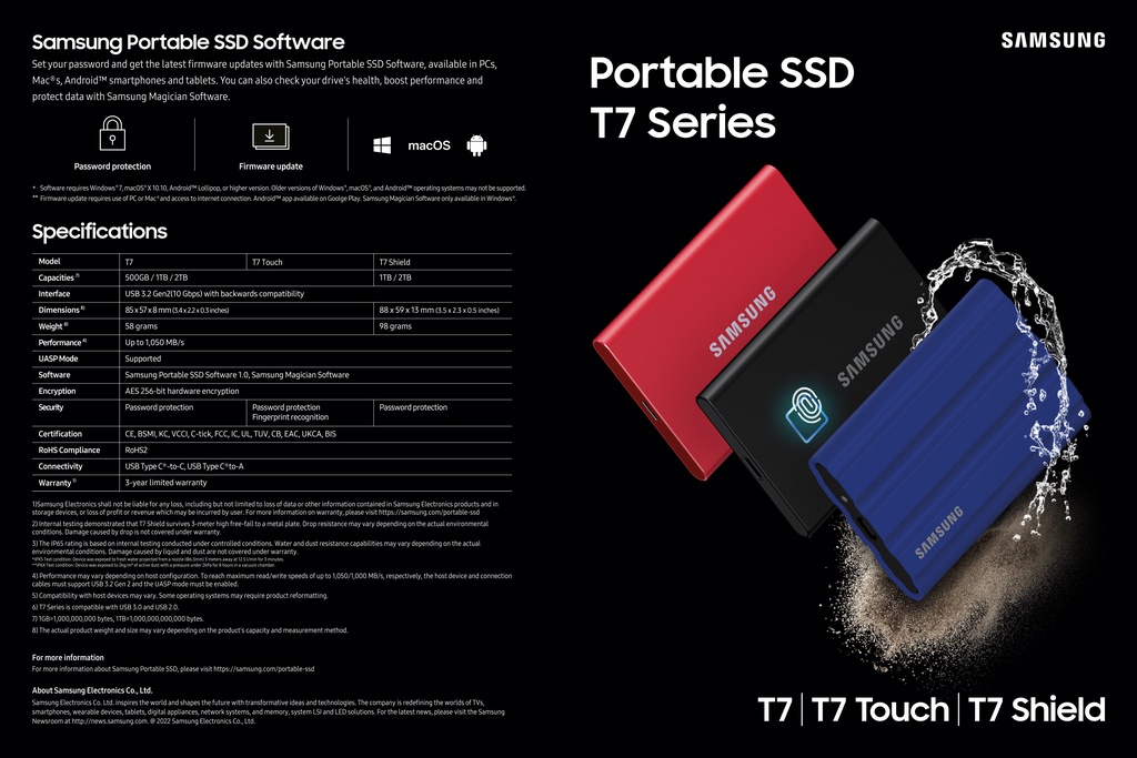 Samsung SSD Portable T7&T7 Shield 1,050MB/s&T9 2,000 MB/s USB 3.2 Type-C Shock Resistant/Thermal ...