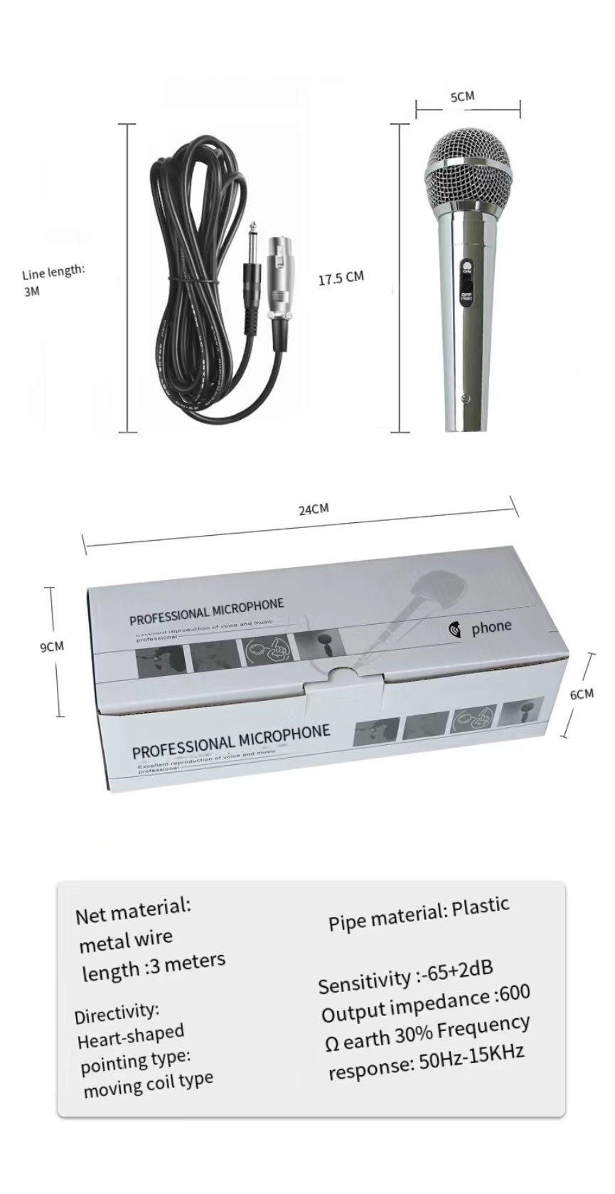6.5mmWired Microphone Moving Coil Type Handheld Singing Microphone for ...