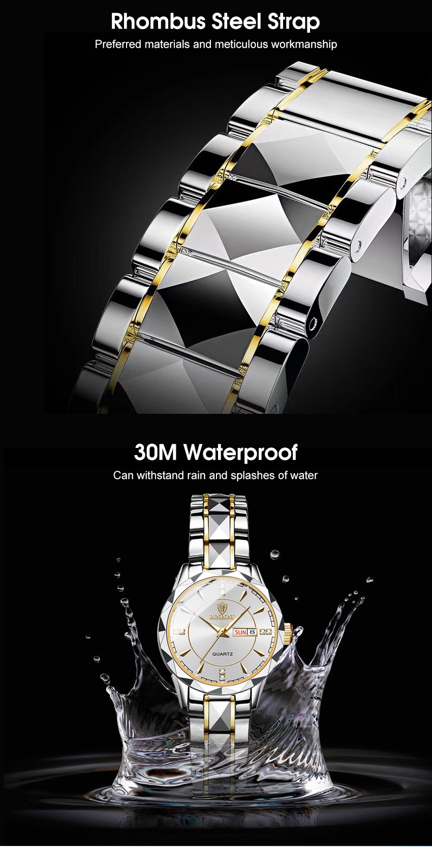 LouisWill Women's Fashion Double Calendar Diamond Waterproof Steel Band ...