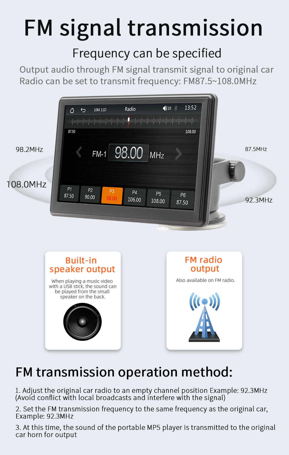 7" Portable Wireless Carplay Radio Car Multimedia Player 1080P IPS ...