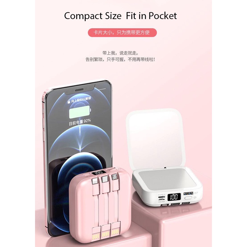 PowerBank Mirror Power Bank 20000Mah 2in1 Cute Pink Power Bank w/ Make Up Mirror Cermin ...