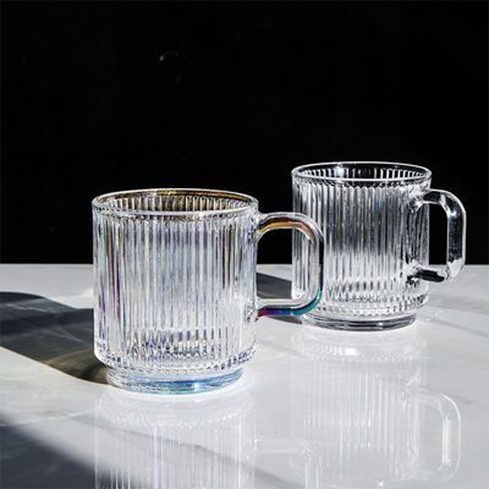 BSU 350ml Glass Striped Line Retro Mug Handle Drink Coffee Mug Wooden ...