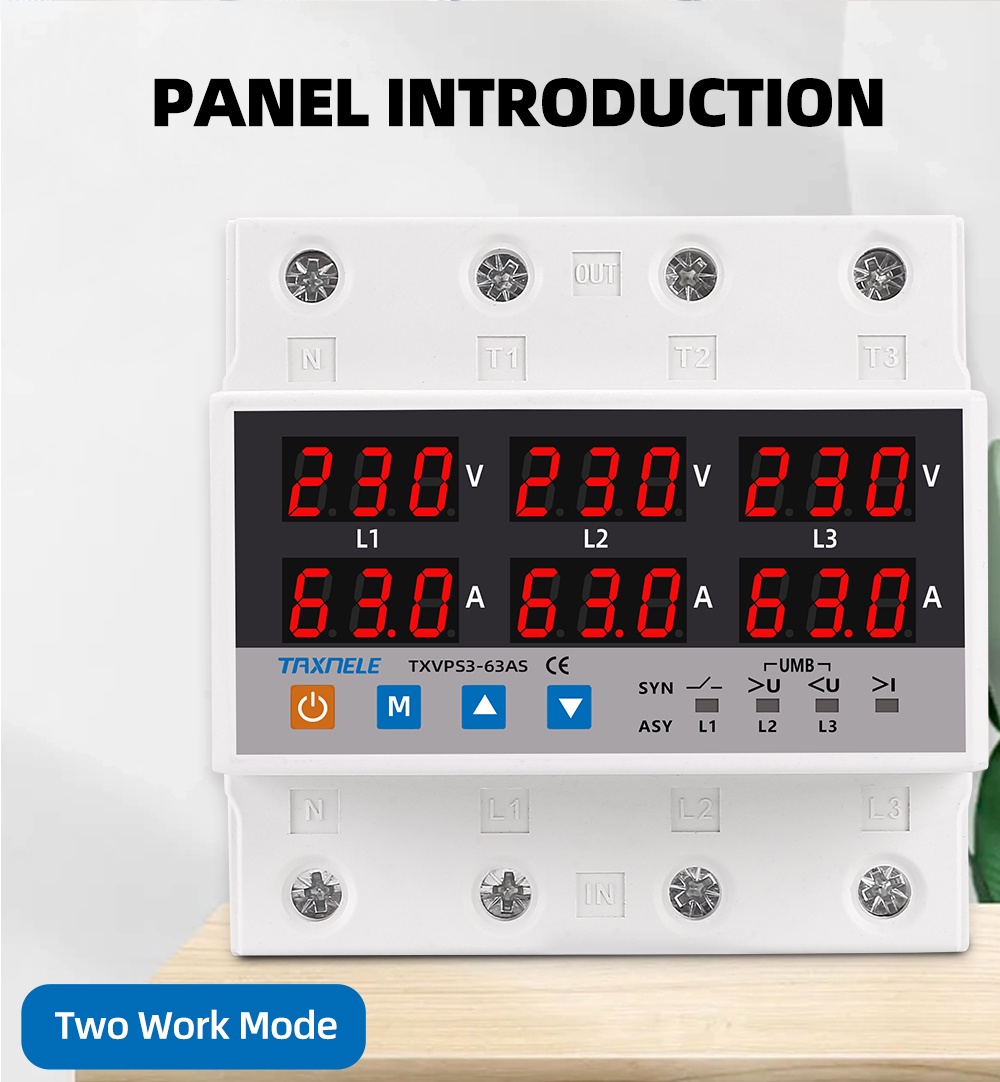 3 Phase 63A SYN ASYNC Synchronous Asynchronous Voltmeter Adjustable Over Under Voltage Current ...