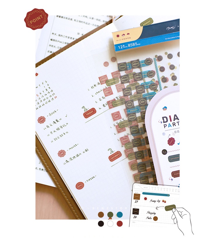 BZS Vintage Diary Partner Week Time Weather Mood Deco Stickers Daily ...