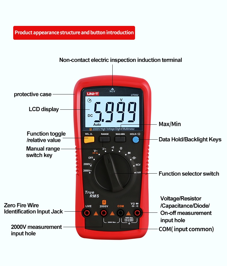 UNI-T UT892 2000V High Voltage Digital Multimeter For Mine AC DC ...