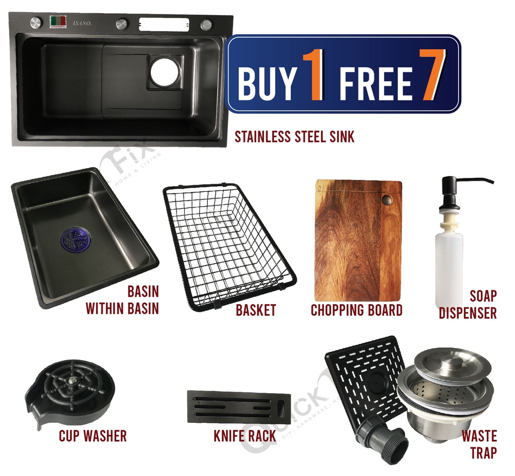QuickFix [BUY 1 FREE 7] Topmount NANO SINKI SUS 304 Kitchen Sink Single ...