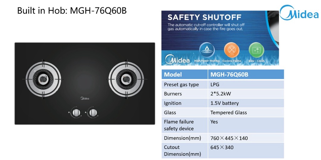 Midea Gas Hob 76cm (5.2kw) MGH-76Q60B Tempered Glass MGH76Q60B | Shopee ...