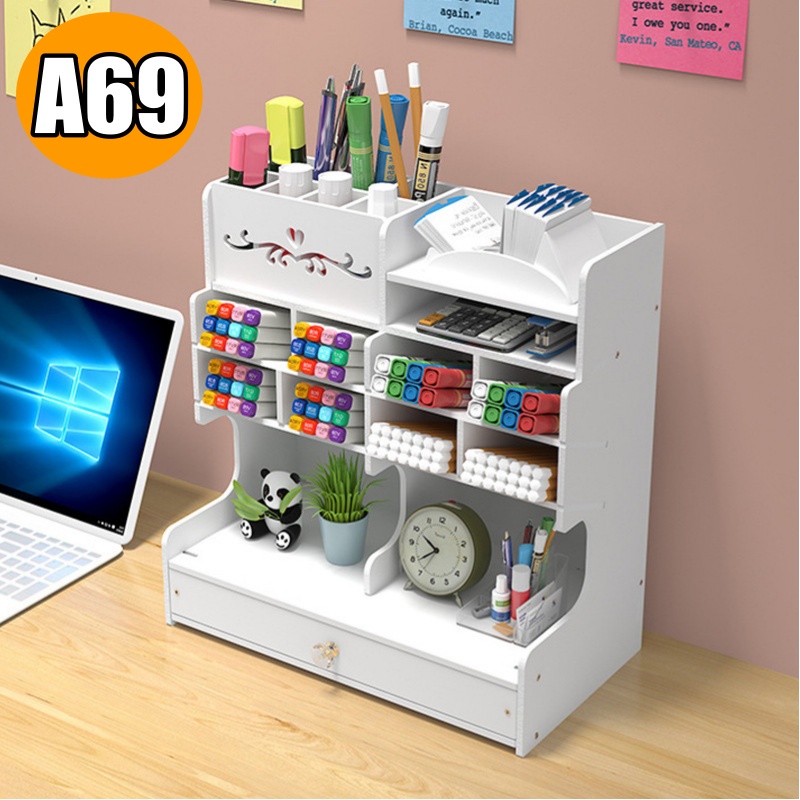 D.I.Y Wooden White Desk Organiser with Drawer Multifunctional Pen ...