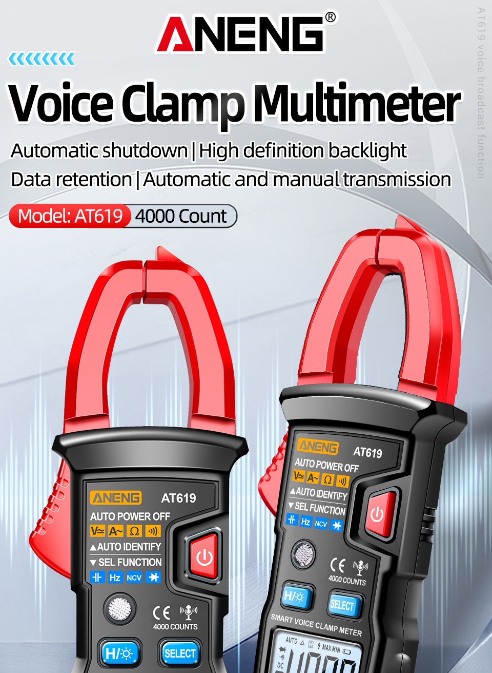 ANENG AT619 Clamp Meter AC Current Voice Broadcast Multimeter Ammeter ...