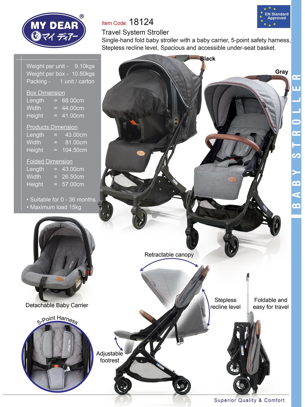 My Dear Single-Hand Fold Baby Stroller + Detachable Baby Carrier 18124 ...