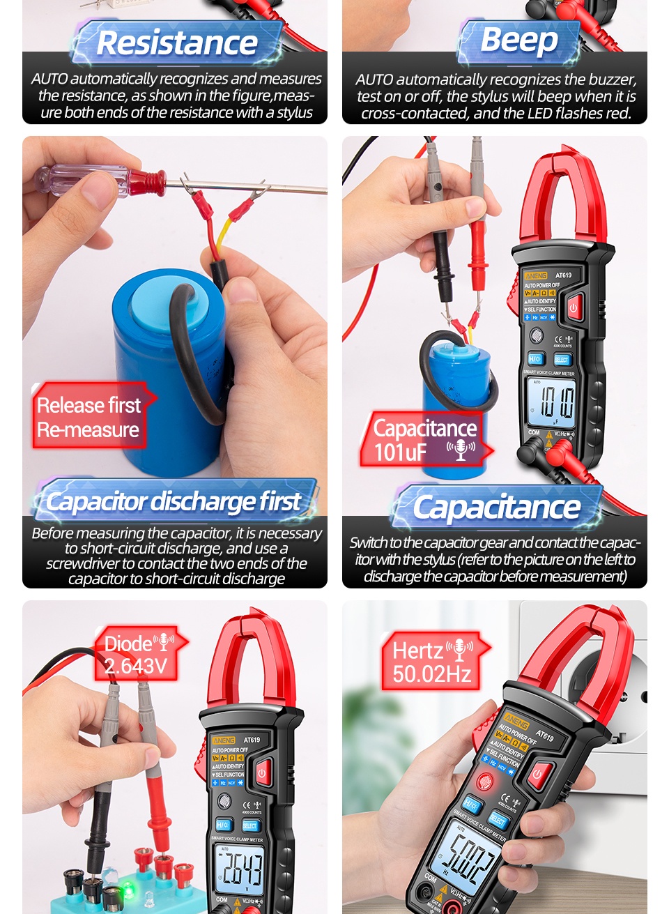 ANENG AT619 Clamp Meter AC Current Voice Broadcast Multimeter Ammeter ...