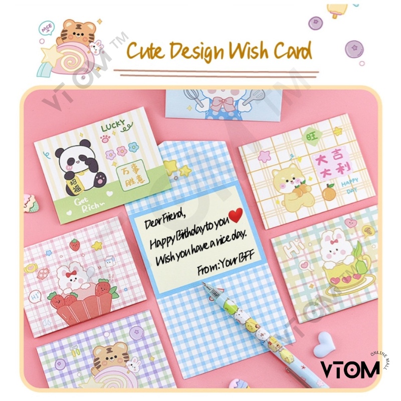VTOM Cute Cartoon Animal Greeting Card Mini Wish Card Birthday Kad ...