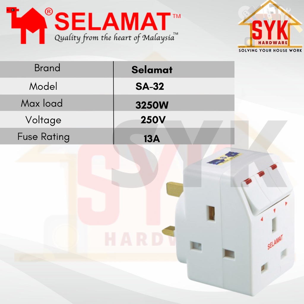 SYK Selamat SA-32 Sirim 3 Way Multi-Adaptor With LED Switch 13A Fuse ...