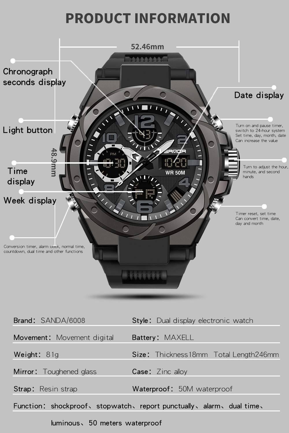 SANDA 6008 Sport Watches Mens Military Waterproof Shockproof Watch Dual ...