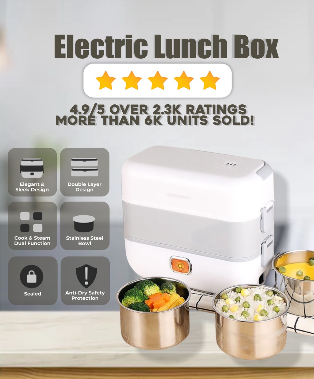 [MY PIN PLUG] Electric Lunch Box 1/2 Layers Portable Lunch Box Cooker ...