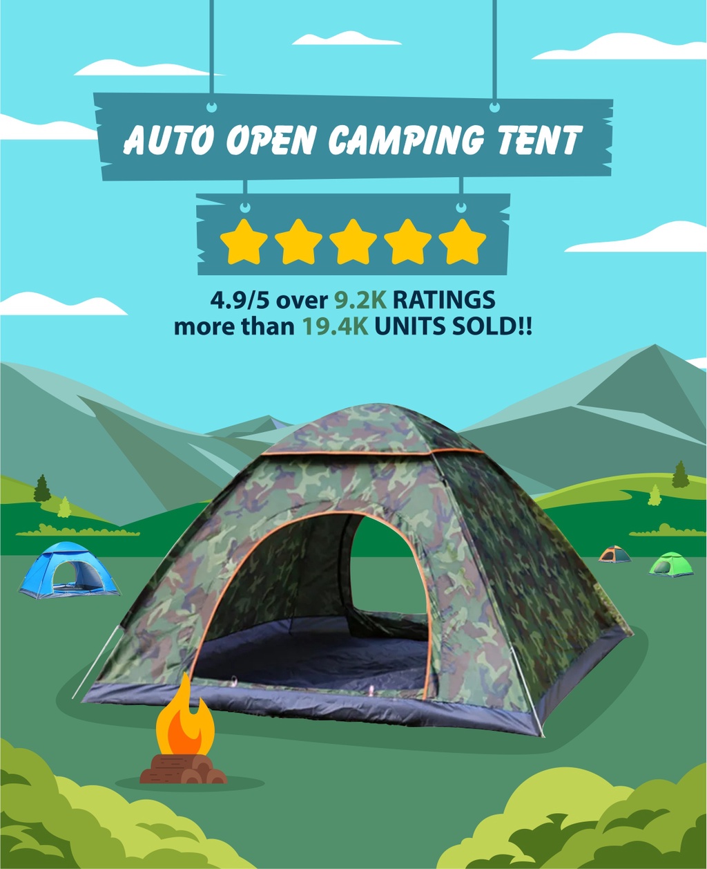 Khemah Camping Tent 3/4 Person 2 Sec Pop Up Tent Khemah Tent Camping ...