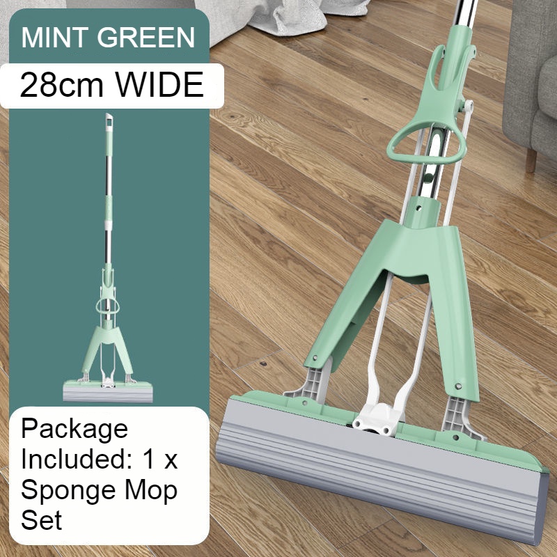 Foldable Sponge Mop Set Hands Free Squeeze PVA Wipe Dry Extendable ...