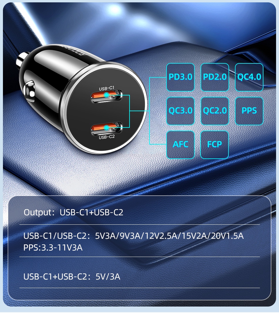 Rocoren Car USB Type C Quick Charge QC PD Fast Charging Charger Adapter ...
