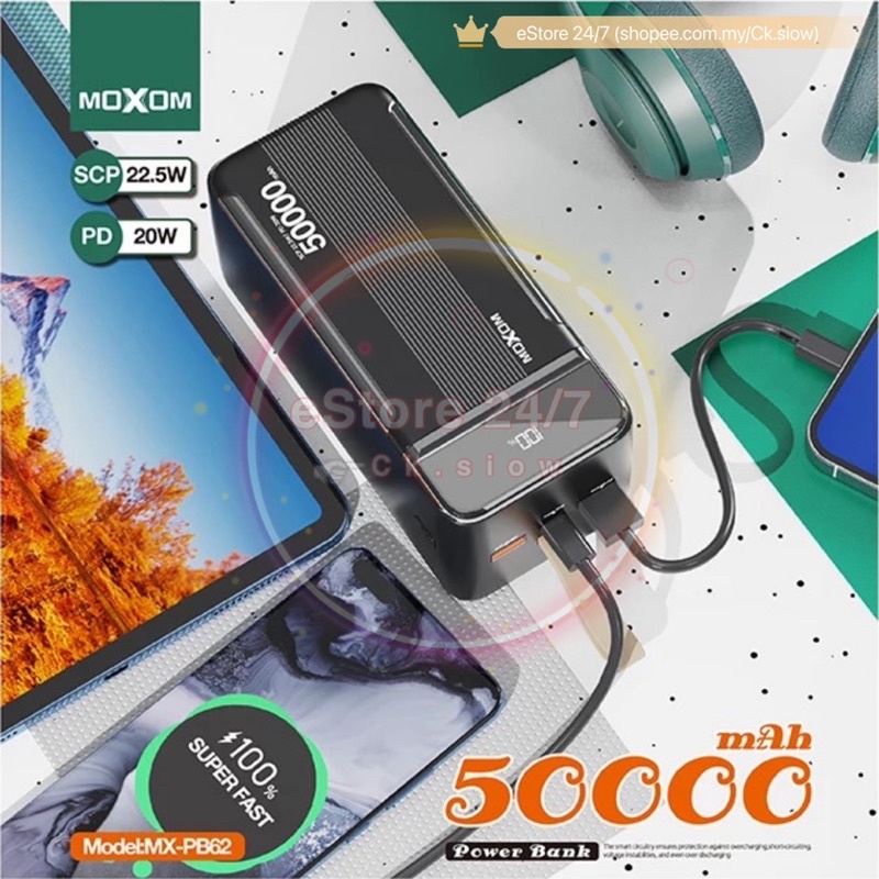 Moxom MX PB62 PB61 PB60 22.5W PD 20W LED Battery Display Fast Charging 50000 40000 30000 mAh ...
