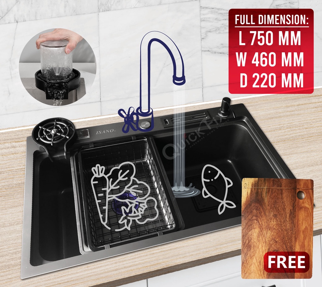 QuickFix [BUY 1 FREE 7] Topmount NANO SINKI SUS 304 Kitchen Sink Single ...