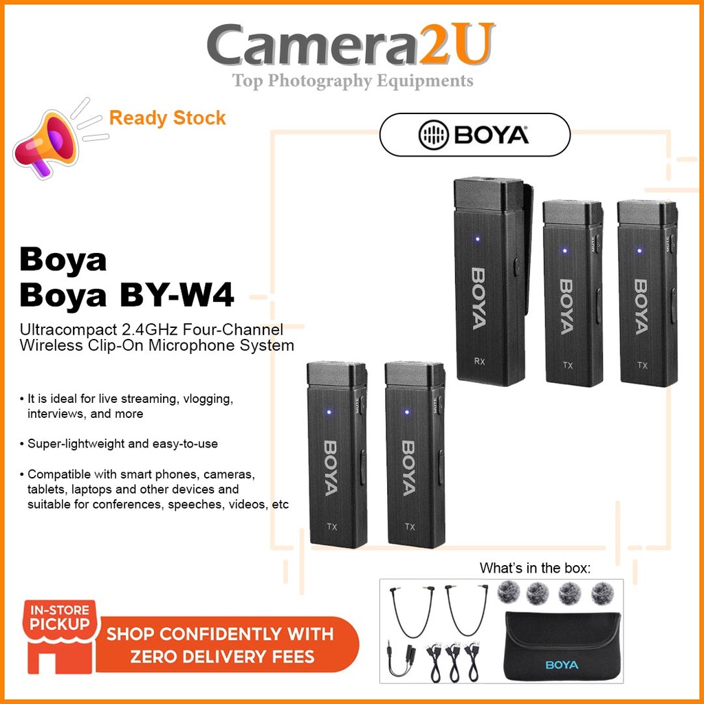 READY STOCK Boya BY-W4 Ultracompact 2.4GHz Four-Channel Wireless Clip-On Microphone System for ...