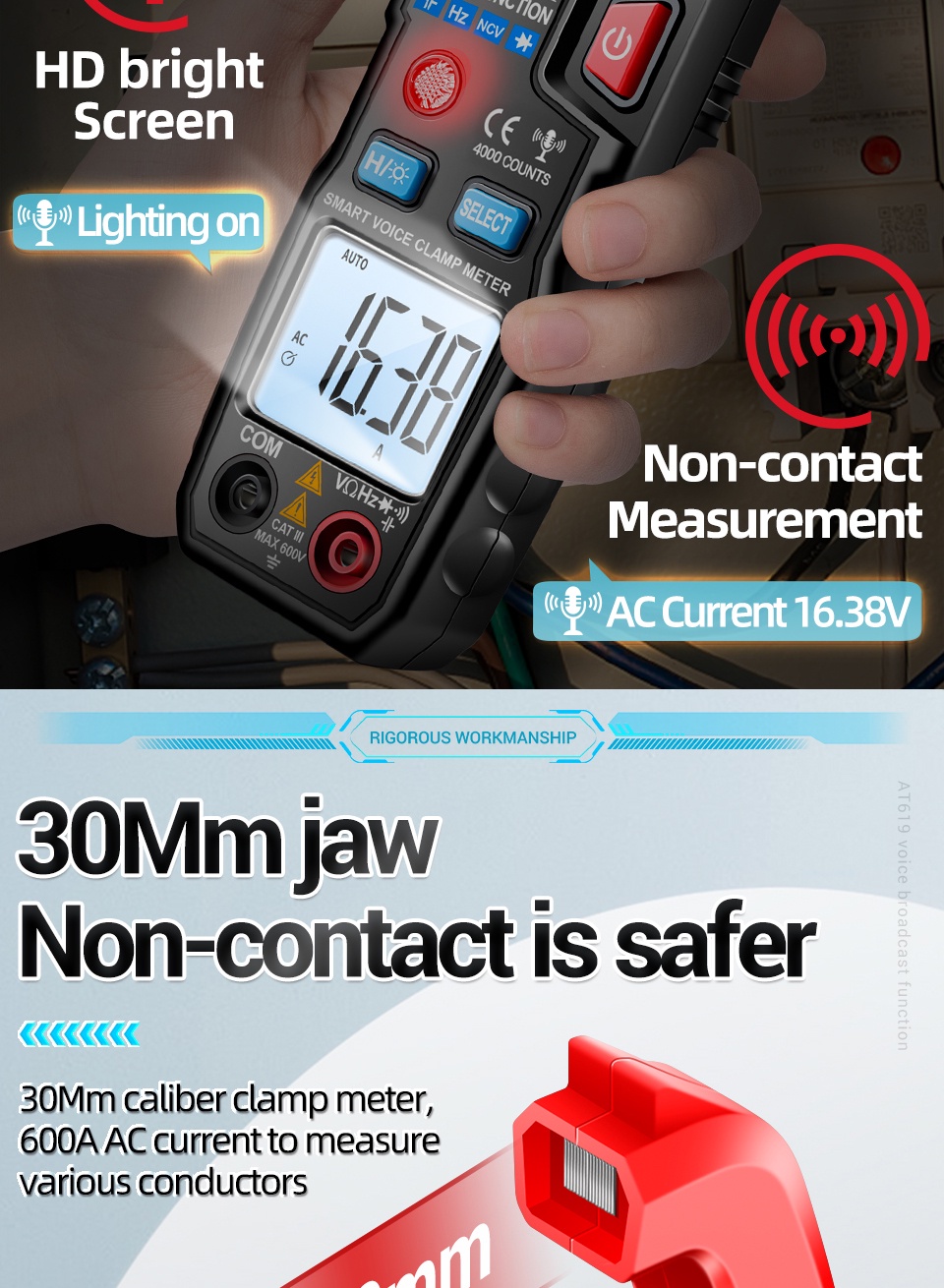 ANENG AT619 Clamp Meter AC Current Voice Broadcast Multimeter Ammeter ...