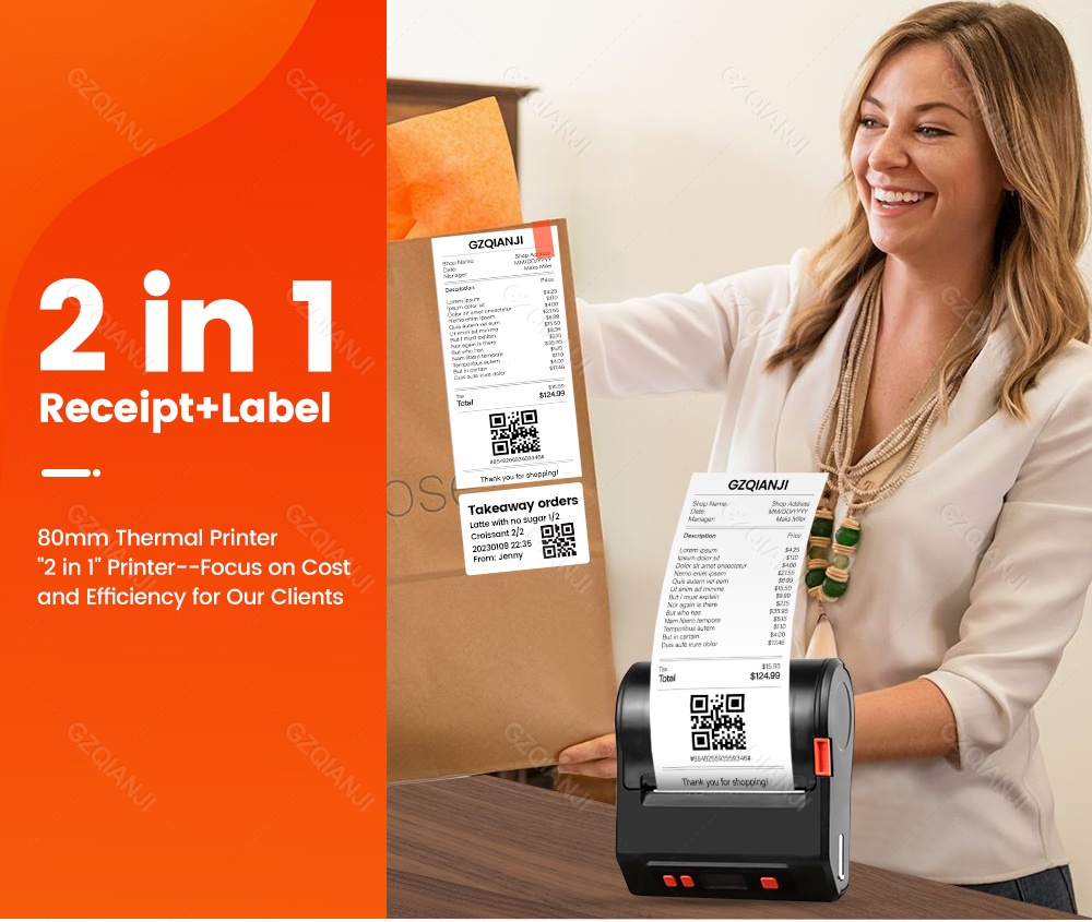 80mm Label Printer Receipt Printer 2 in 1 Portable Bluetooth Wireless ...