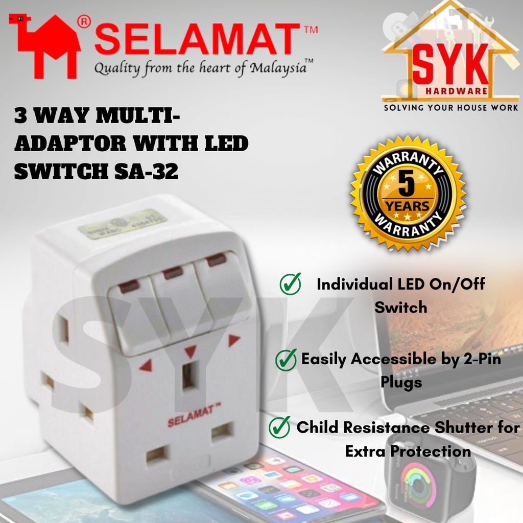 SYK Selamat SA-32 Sirim 3 Way Multi-Adaptor With LED Switch 13A Fuse ...
