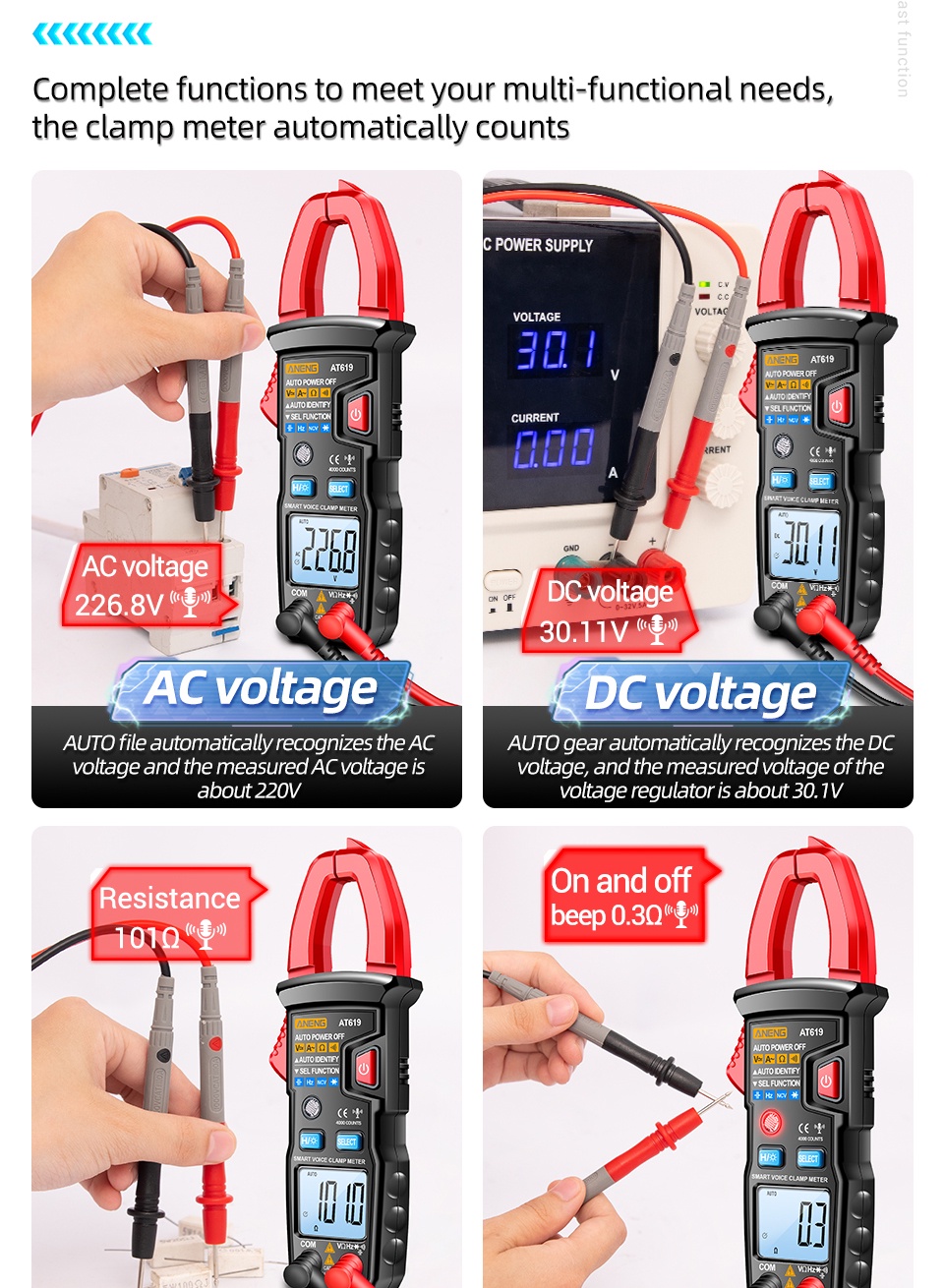 ANENG AT619 Clamp Meter AC Current Voice Broadcast Multimeter Ammeter ...