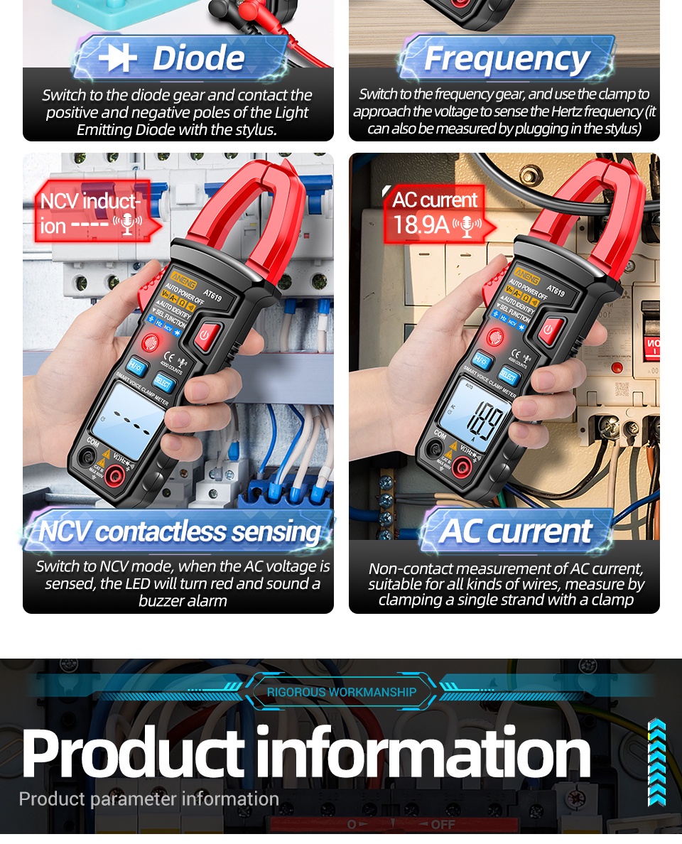 ANENG AT619 Clamp Meter AC Current Voice Broadcast Multimeter Ammeter ...