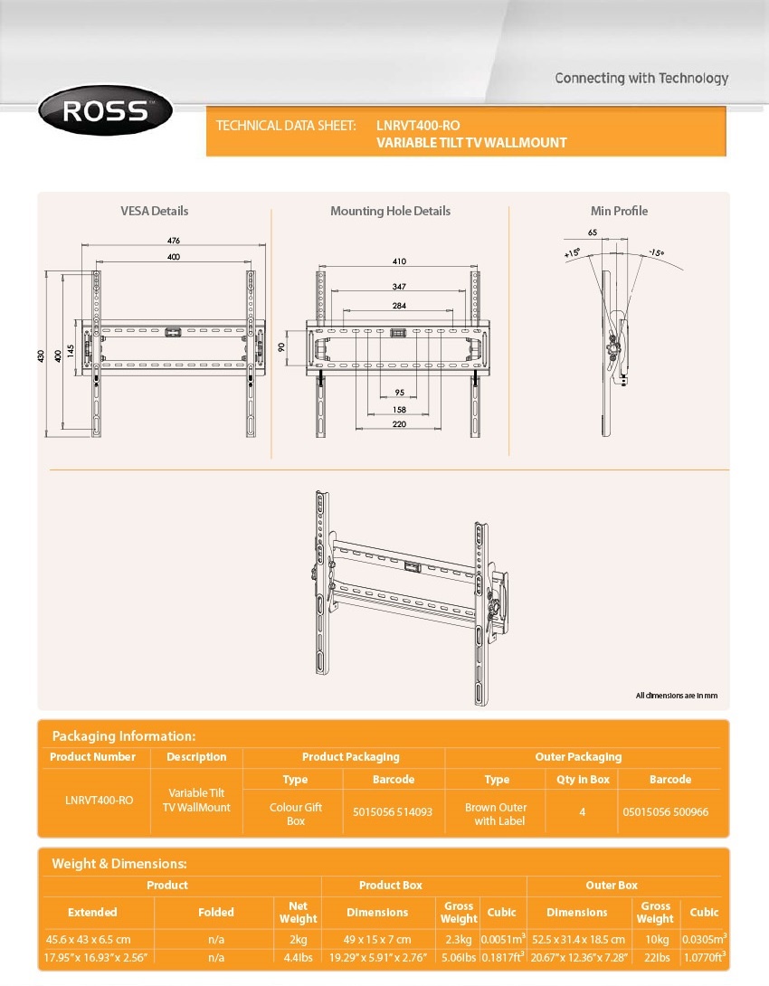 Ross Bracket Neo Pads 32-50" inch Variable Tilt TV & Monitor Wall Mount ...