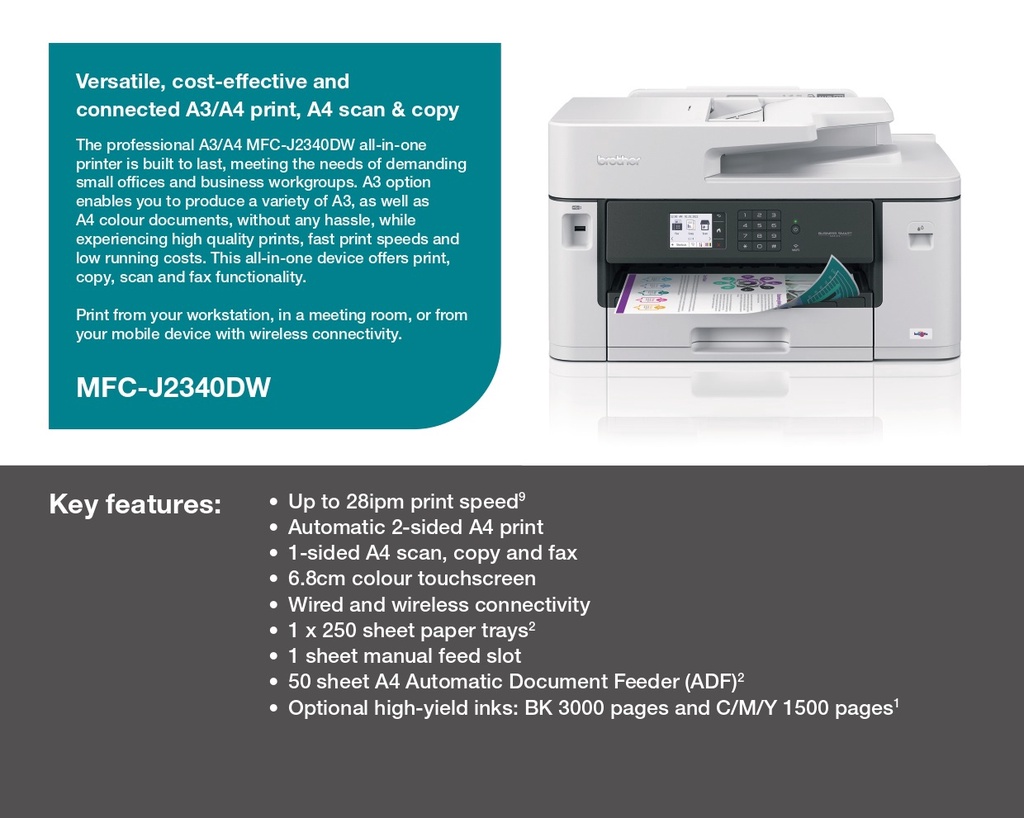 Brother Inkjet Color A3 A4 4in1 Printer MFC-J2340DW | Print A3 Scan ...