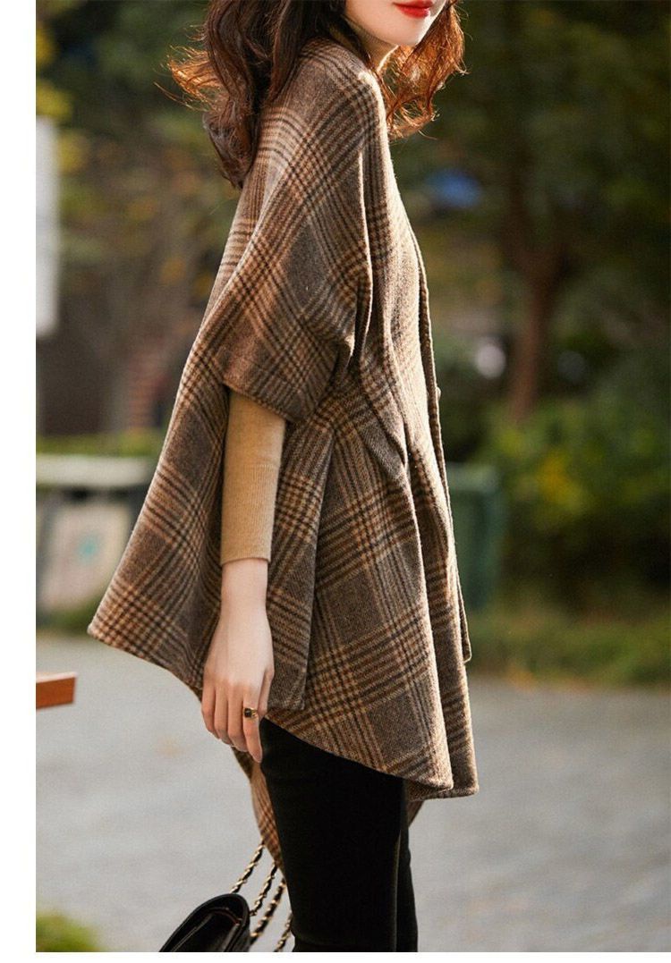Woolen coat Women new loose vintage plaid Western-style French cape ...