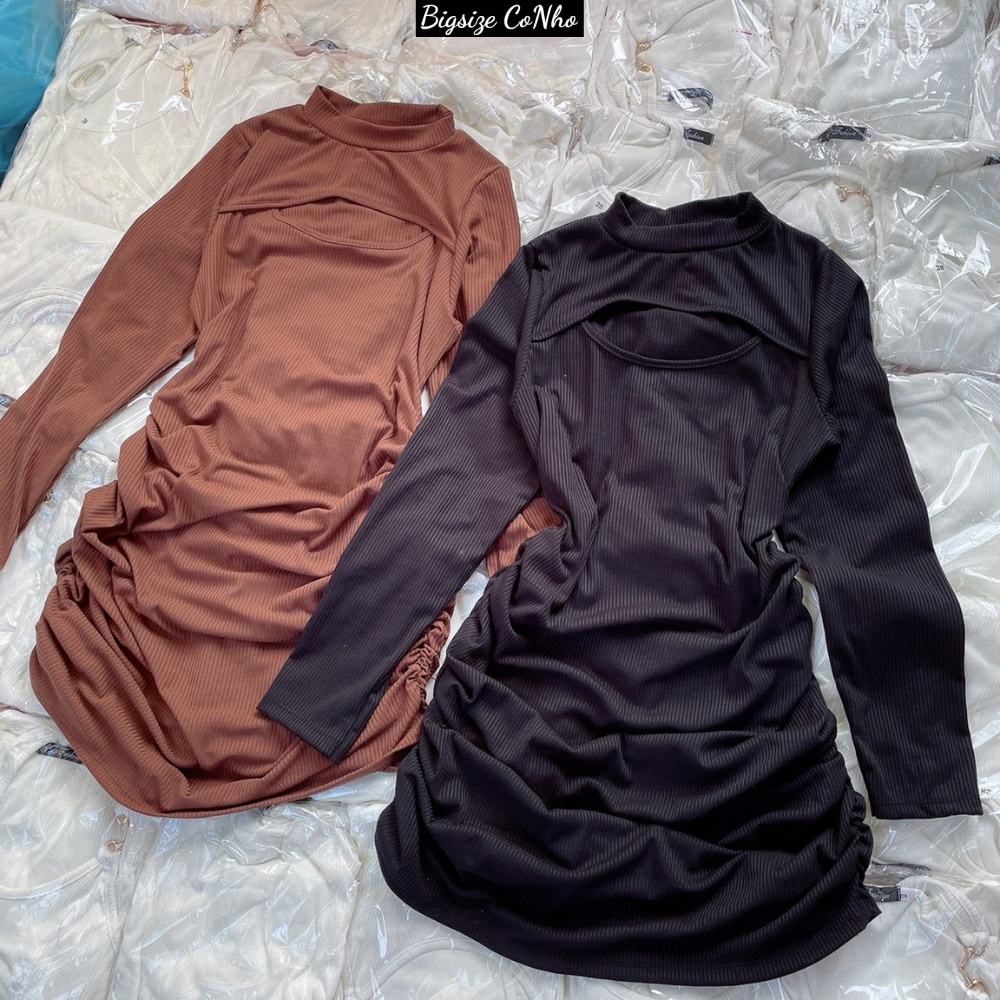 Big size long sleeve dress with chest slit, high neck, long silhouette ...