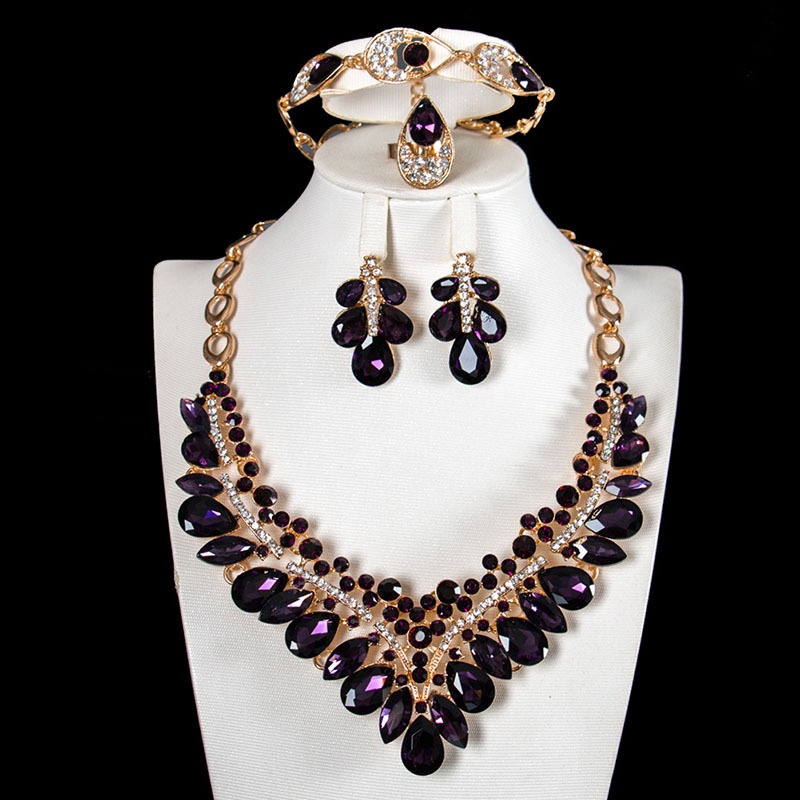 1 set of exaggerated jewelry, crystal gem necklace earrings, 4-piece ...
