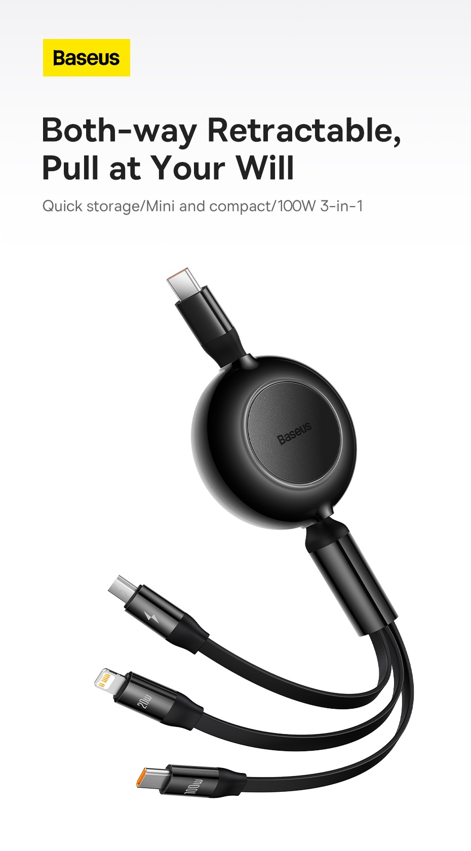 Baseus 3 in 1 Retractable 100W/66W Fast Charging Data Cable | Shopee Malaysia