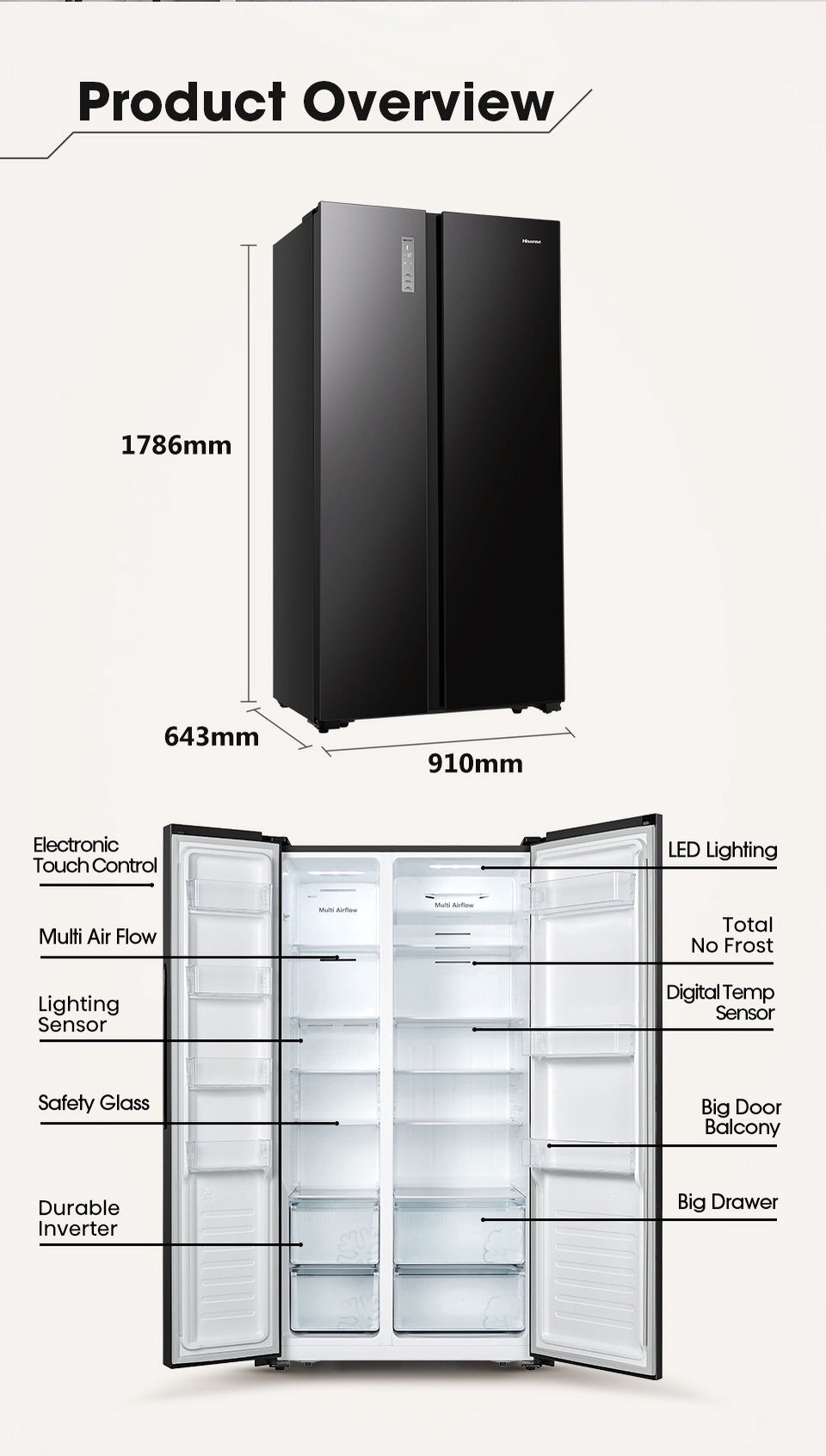 Hisense Side By Side Refrigerator Inverter Fridge 620L Peti Sejuk Side By Side 冰箱 RS666N4ABNIV ...