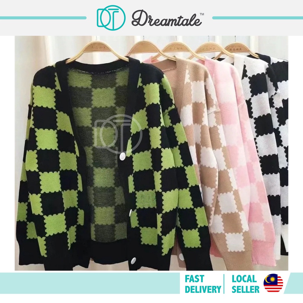 Dreamtale Women Clothing Checkers Knit Cardigan Oversized Women ...