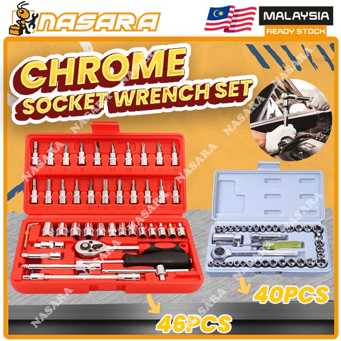 Nasara 40PCS / 46PCS Chrome Vanadium Socket Wrench Set Box Ratchet ...