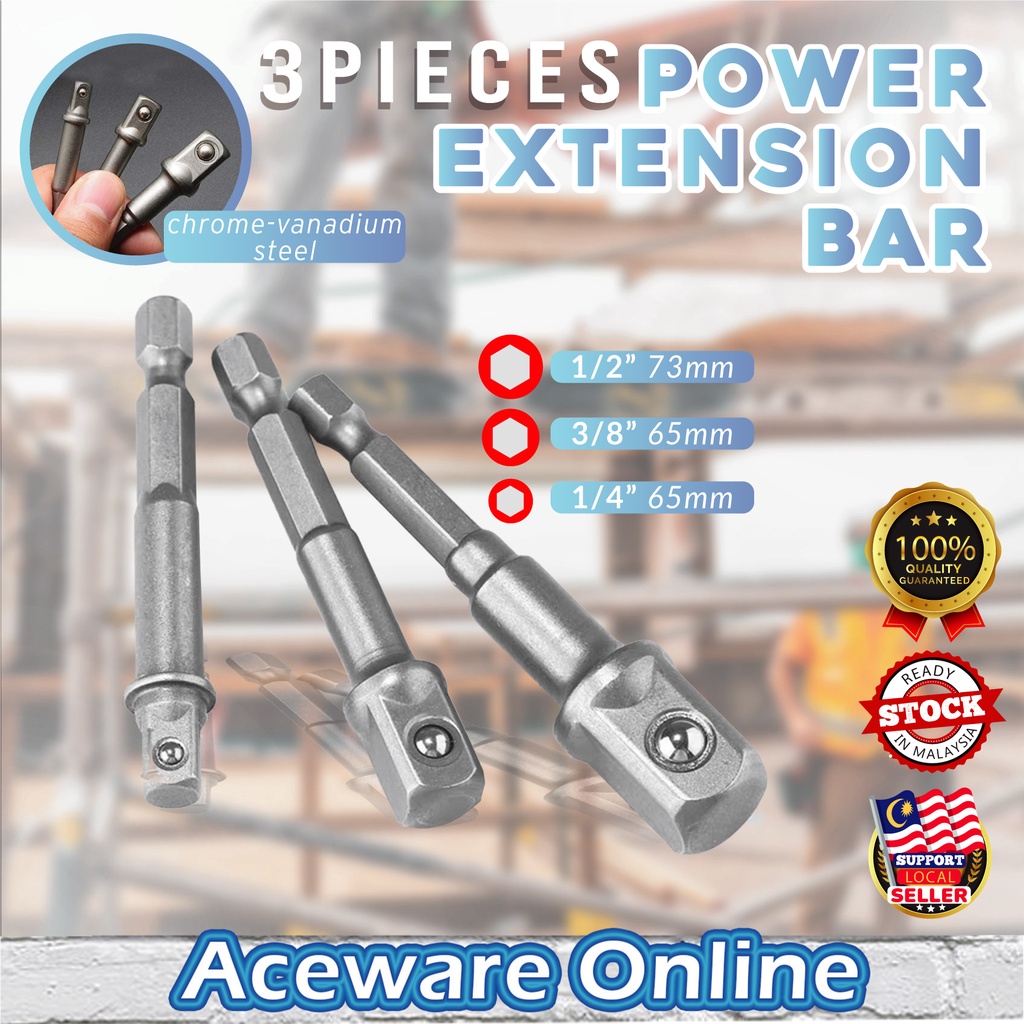 3PCS 1/4", 3/8",1/2" Power Extension Hex Shank Socket Drill Bit Set Nut ...