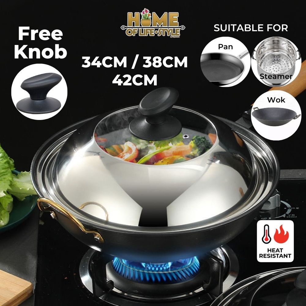 HOLS 29/32/34/38/42cm Stainless Steel Pot Lid Cover Wok Dome Tempered ...