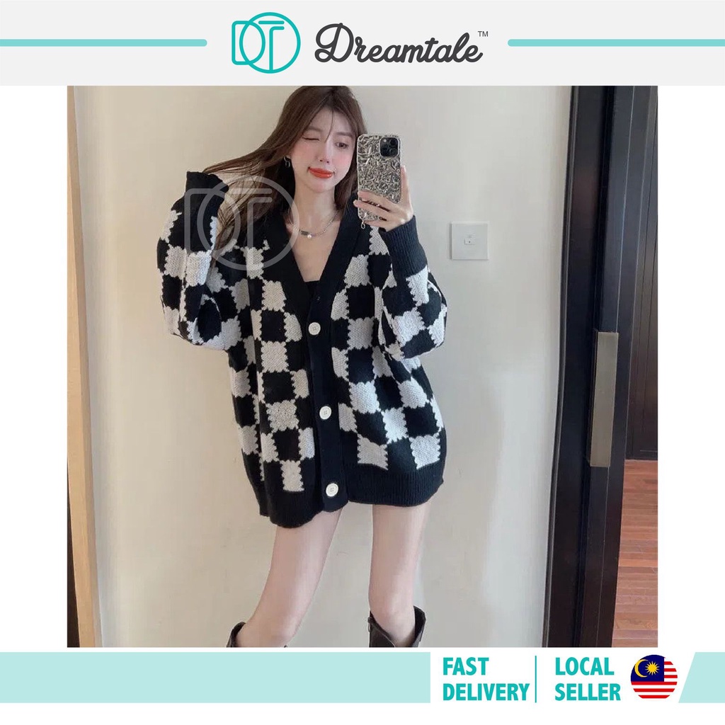 Dreamtale Women Clothing Checkers Knit Cardigan Oversized Women ...