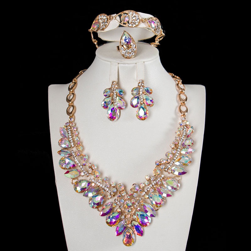 1 set of exaggerated jewelry, crystal gem necklace earrings, 4-piece ...