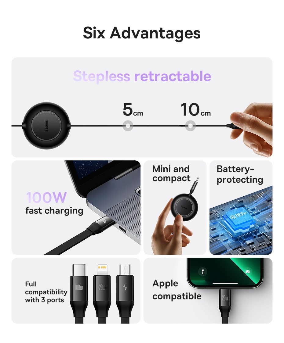 Baseus 3 in 1 Retractable 100W/66W Fast Charging Data Cable | Shopee Malaysia