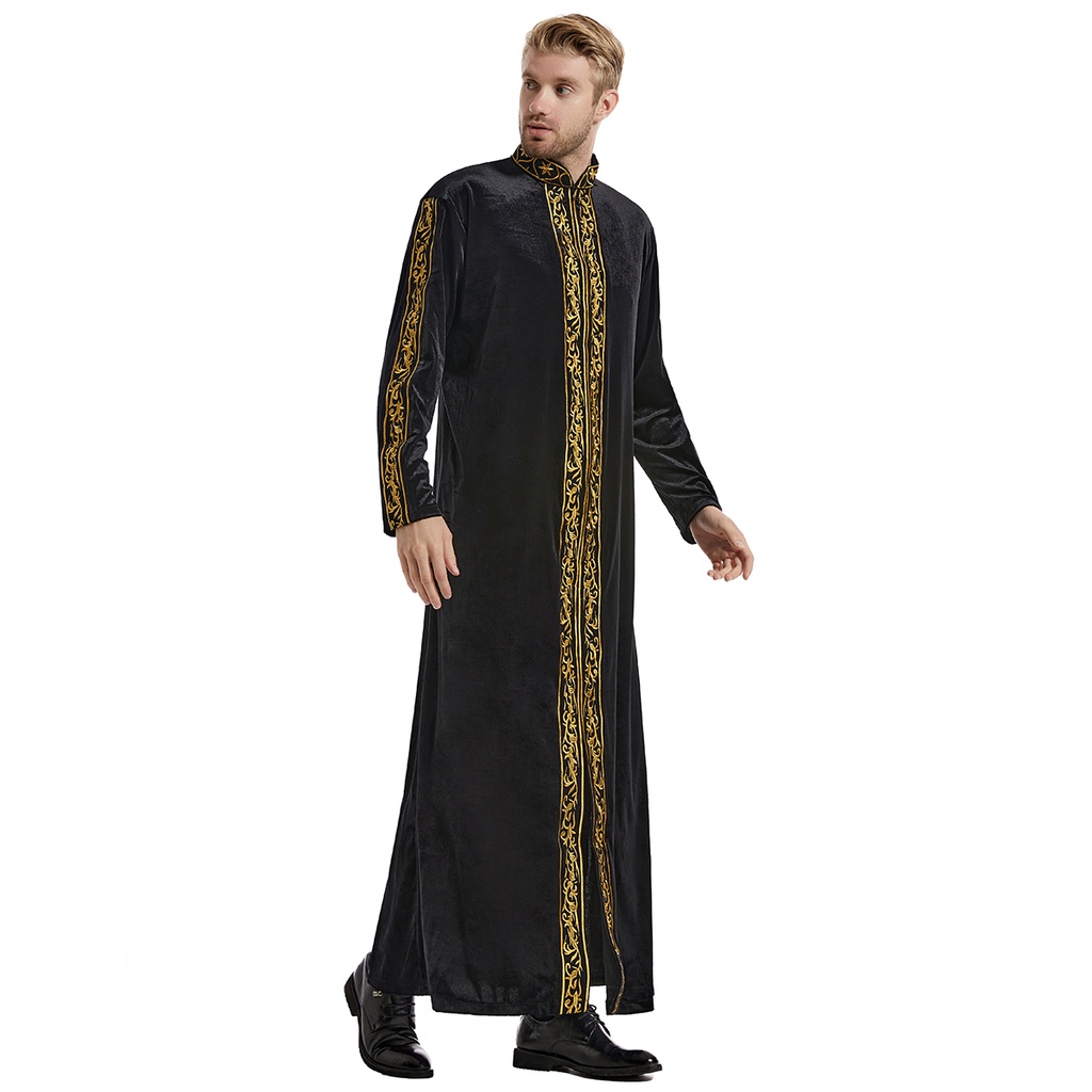 Men's Muslim Stand Collar Embroidery Ramadan Thobe with Long Sleeves ...